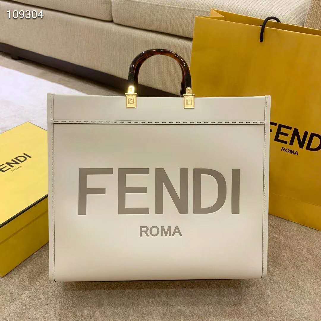 Fendi Women Sunshine Shopper Bag White Leather “FENDI ROMA” - Brandsoff